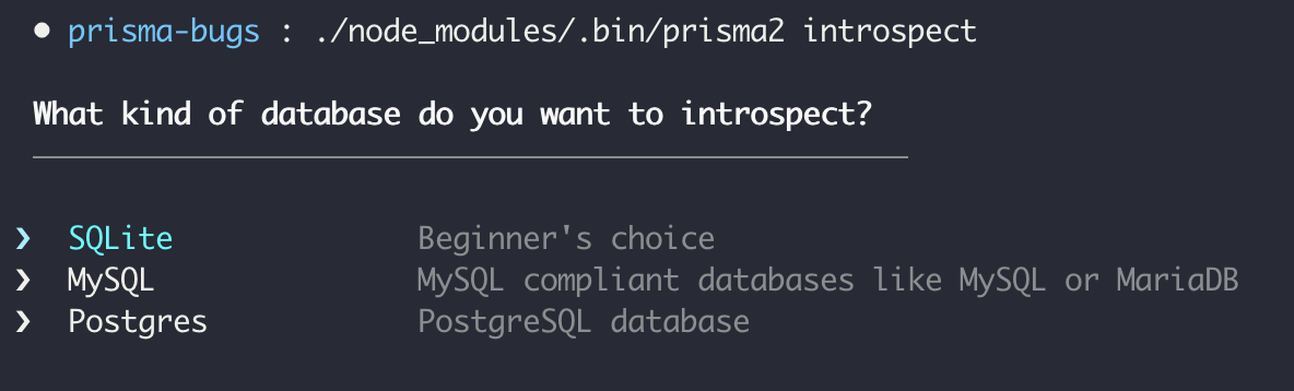 Introspect command shouldn't show non supported databases · Issue #43 · prisma/prisma · GitHub