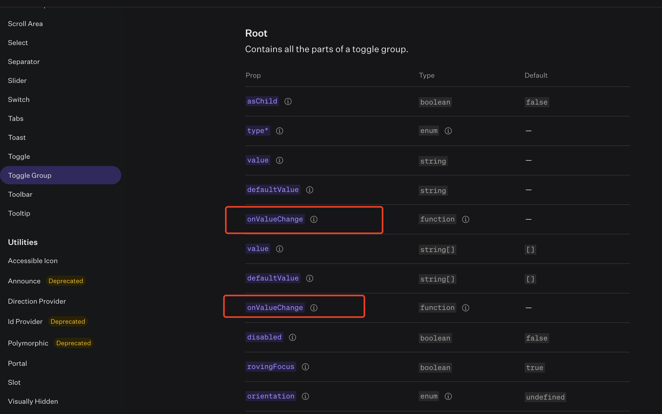 Toggle Group has multiple onValueChange props on doc · Issue #2327 · radix-ui/primitives · GitHub