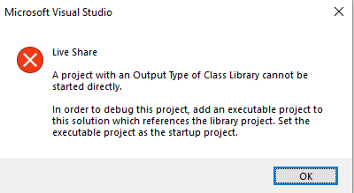 Starting co-debugging as guest gives error "A project with an Output Type of Class Library ...