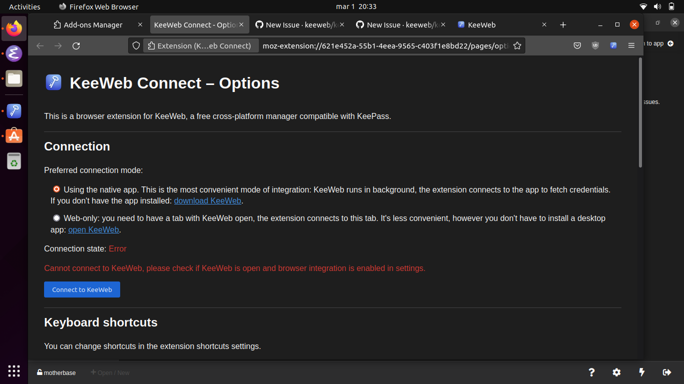 Connection state: Error Cannot connect to KeeWeb, please check if KeeWeb is open and browser ...