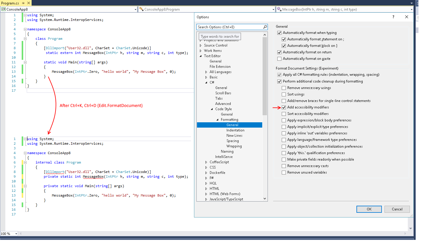 "Add accessibility modifiers" C# formatting rule breaks code · Issue #29561 · dotnet/roslyn · GitHub