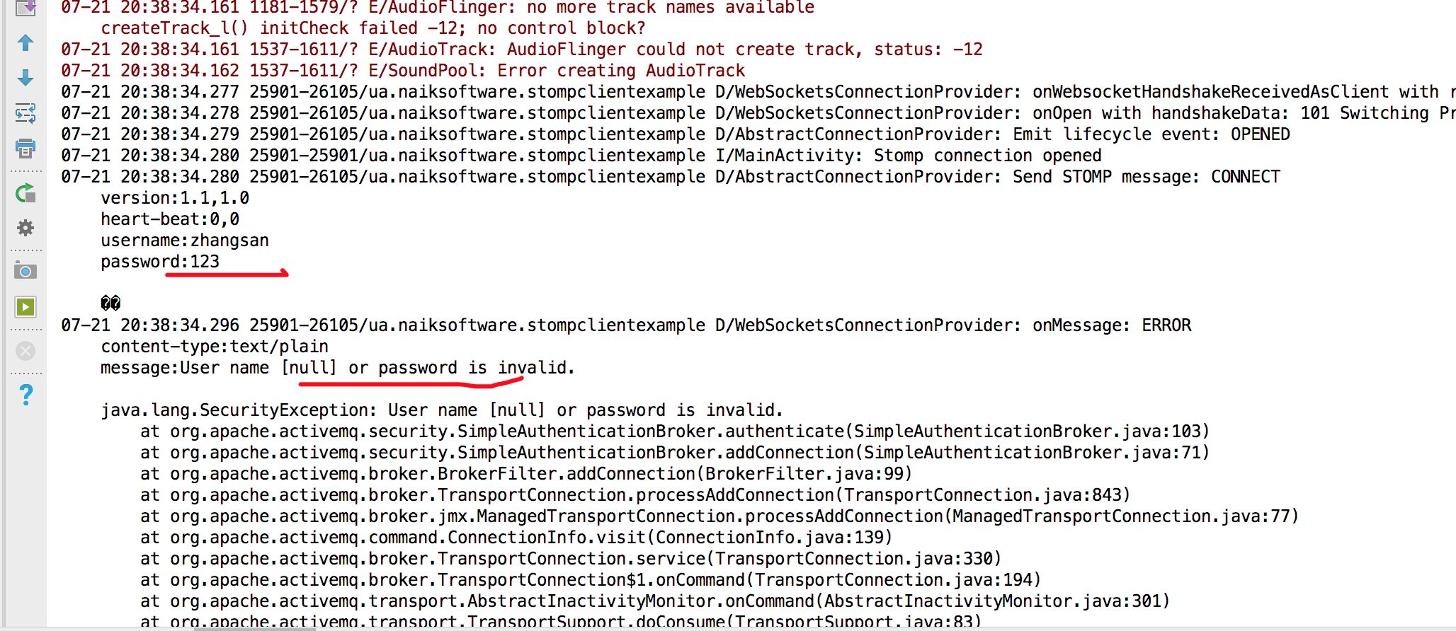 User name [null] or password is invalid. · Issue #107 · NaikSoftware/StompProtocolAndroid · GitHub