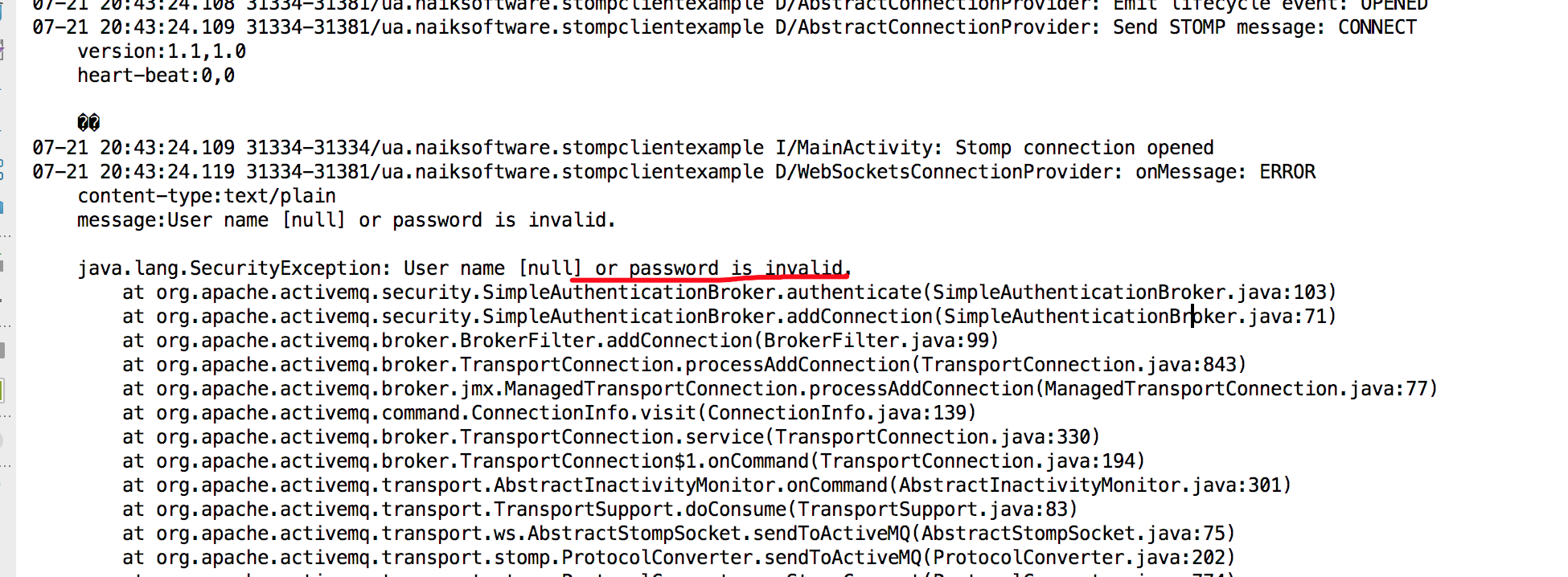 User name [null] or password is invalid. · Issue #107 · NaikSoftware/StompProtocolAndroid · GitHub