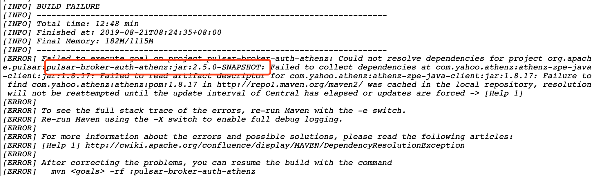 [BUILD FAILURE] pulsar-broker-auth-athenz of 2.5.0-SNAPSHOT[master], due to wrong maven ...