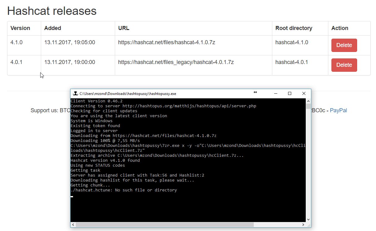 The latest Hashcat(4.1.0) does not work with Hashtopolis on Windows ...