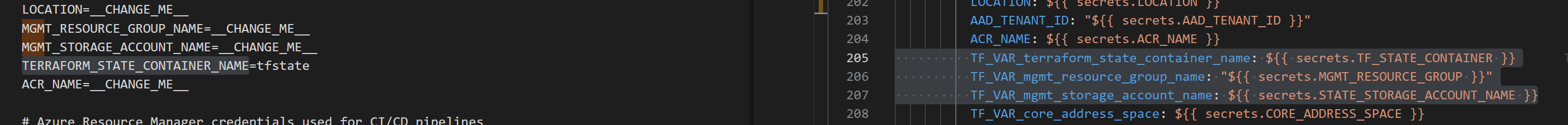 sample.env references MGMT_RESOURCE_GROUP_NAME , github workflows reference MGMT_RESOURCE_GROUP ...
