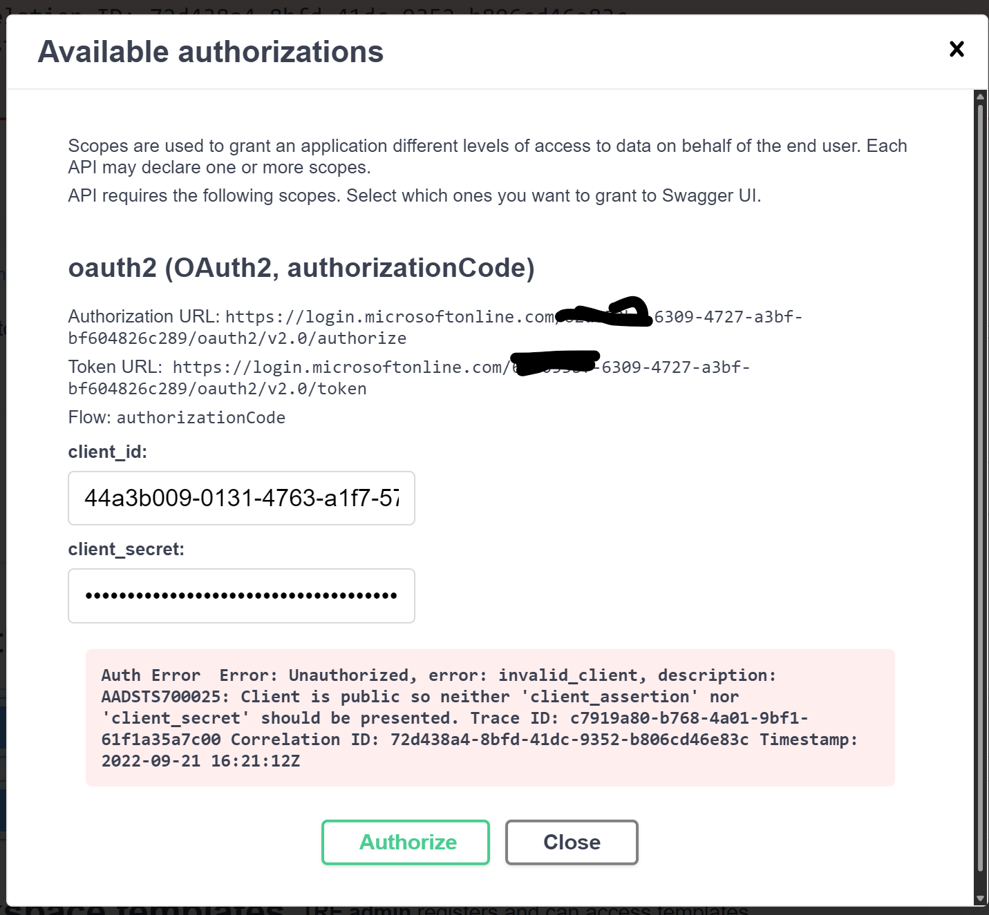 Problems with authorization in Swagger · Issue #2622 · microsoft/AzureTRE · GitHub