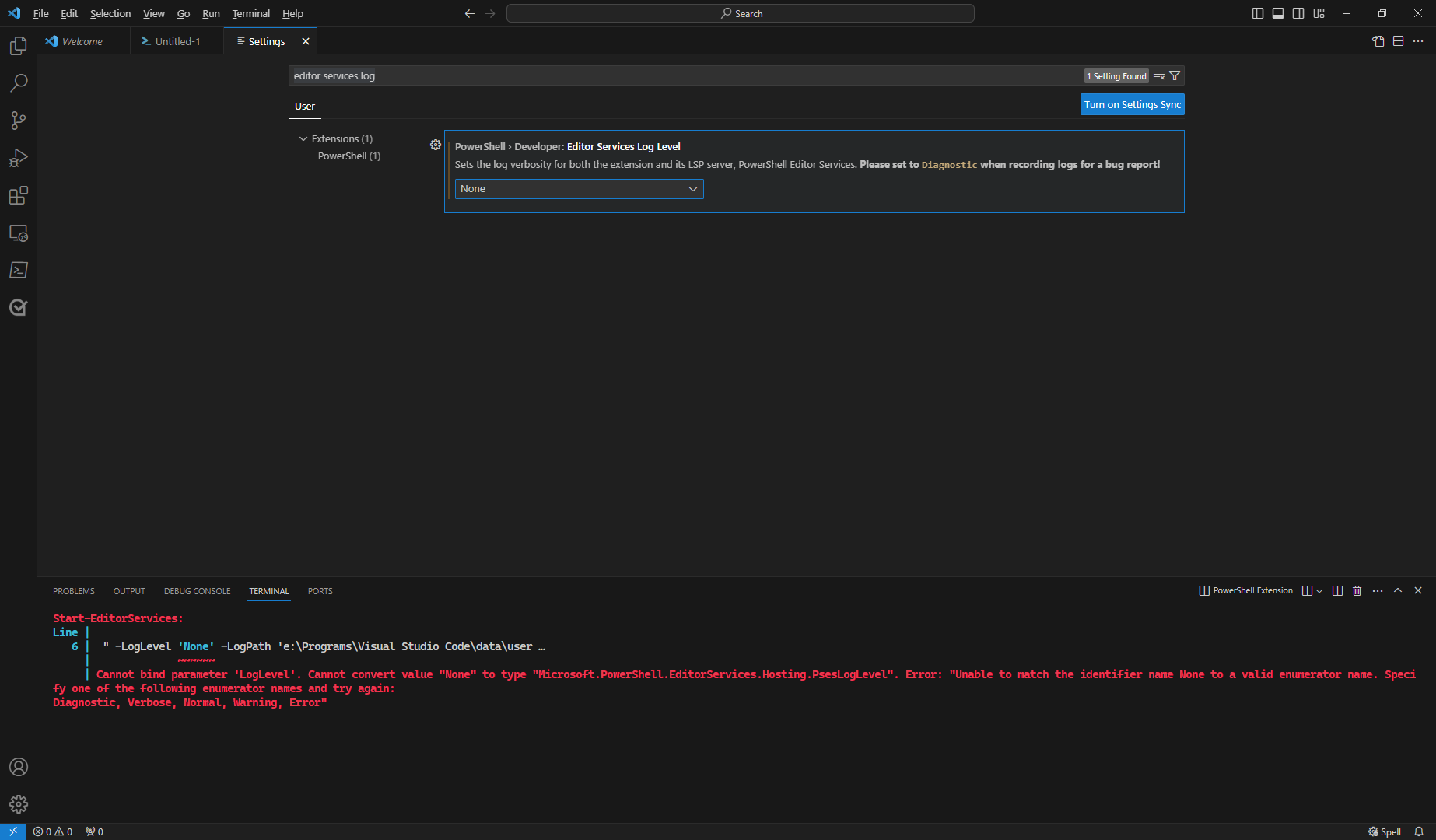 PowerShell extension fails to start when the log level is set to None · Issue #4735 · PowerShell ...