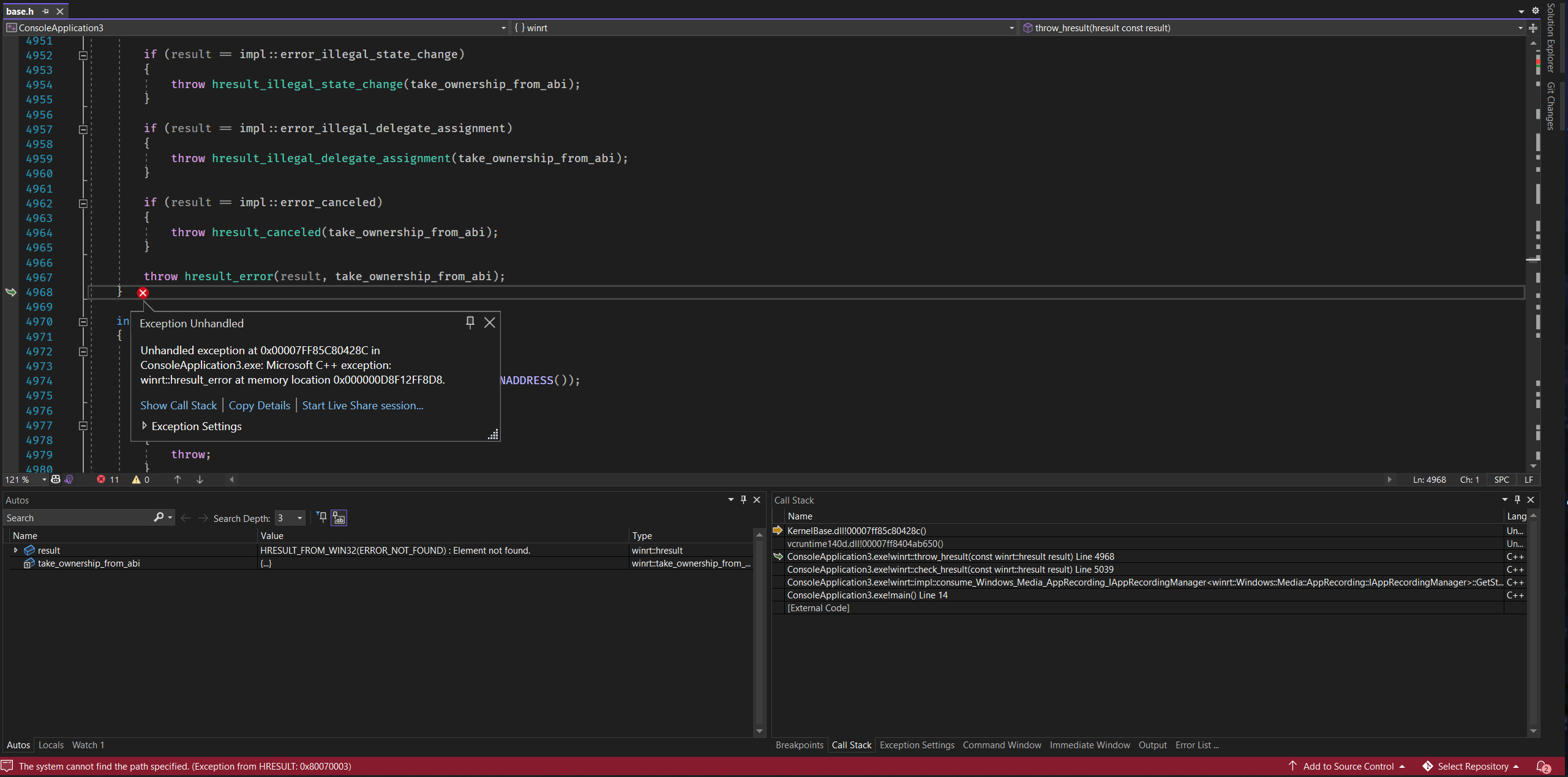 Apprecordingmanager Getstatus Got Winrt Hresult Error At Memory Location 0x0000002a2e8ff728