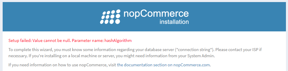 Setup failed: Value cannot be null. Parameter name: hashAlgorithm · Issue #3452 · nopSolutions ...