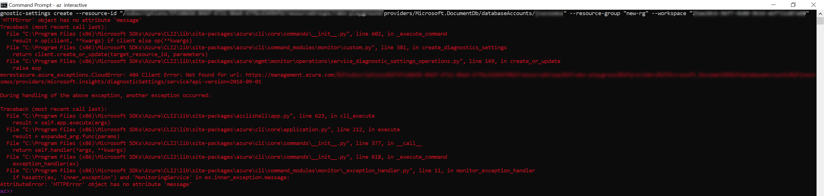 'az monitor diagnostic-settings create' gives 'HTTPError' object has no attribute 'message ...