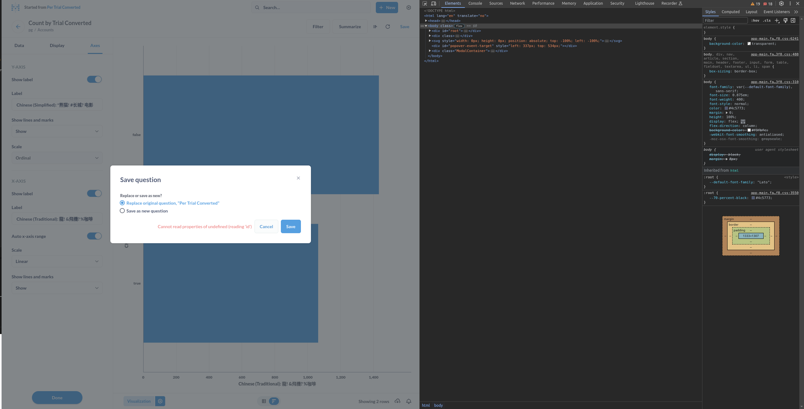 "Cannot read properties" error when trying to replace a question · Issue #34626 · metabase ...