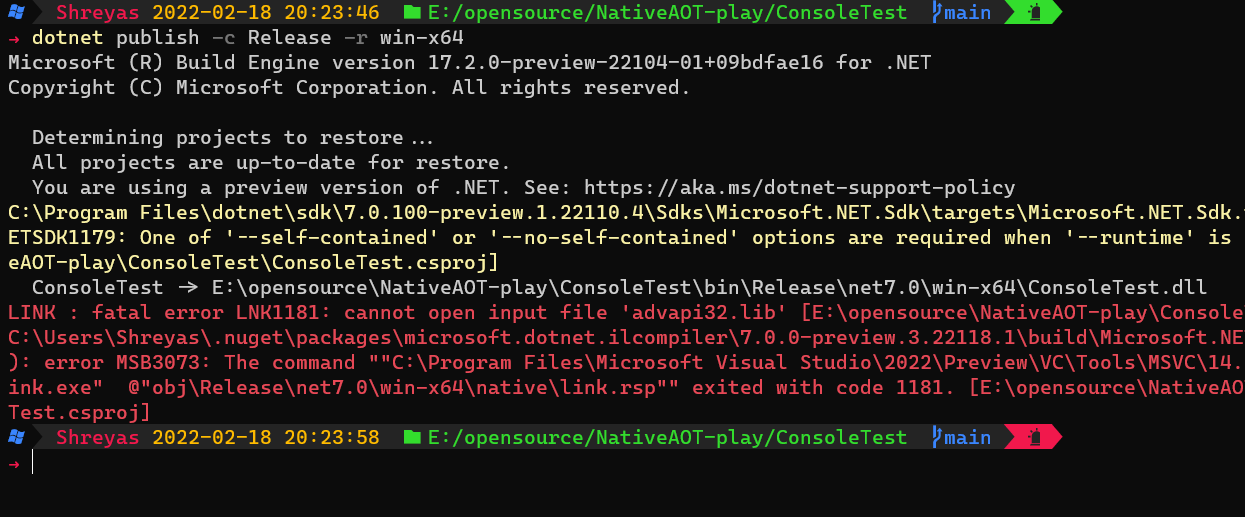 Nativeaot Console App Nativeaot Published Failed · Issue 65568