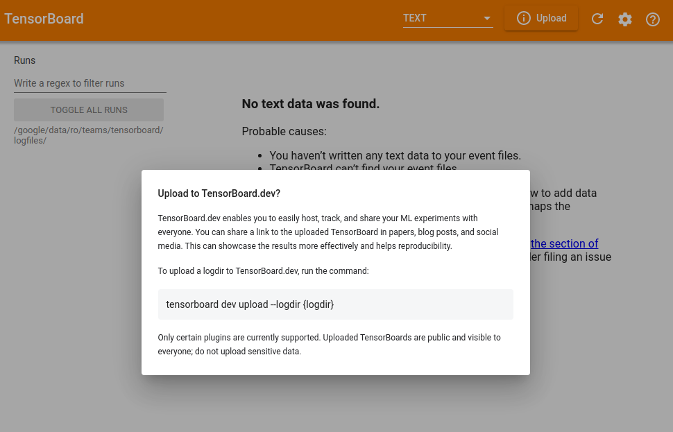 Create "Upload" button to provide instructions for uploading to TensorBoard.dev by bmd3k · Pull ...