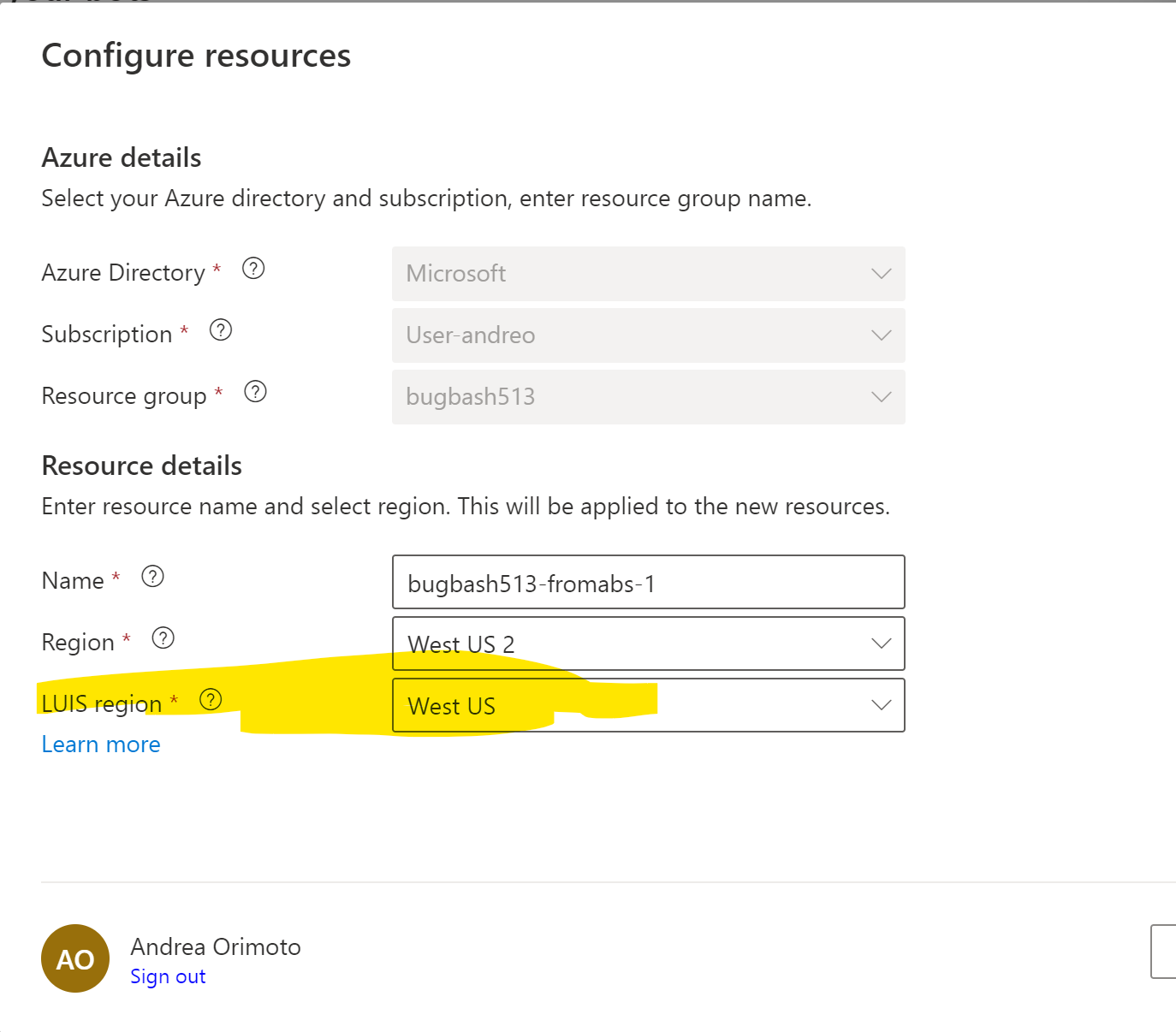 [bugbash 5/13] What is the purpose of the LUIS region in the publishing profile, when I'm not ...