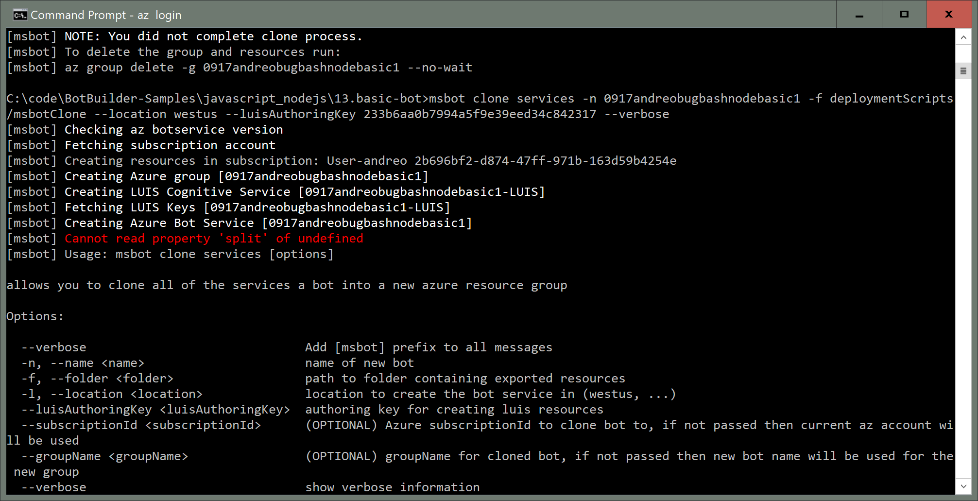 [bug Bash 9 17] Msbot Clone Errors Out With [msbot] Cannot Read Property Split Of Undefined