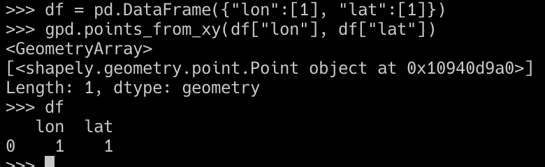 Bug Creating Geodataframe Using Pointsfromxy Adds Geometry Field To Input Dataframe · Issue
