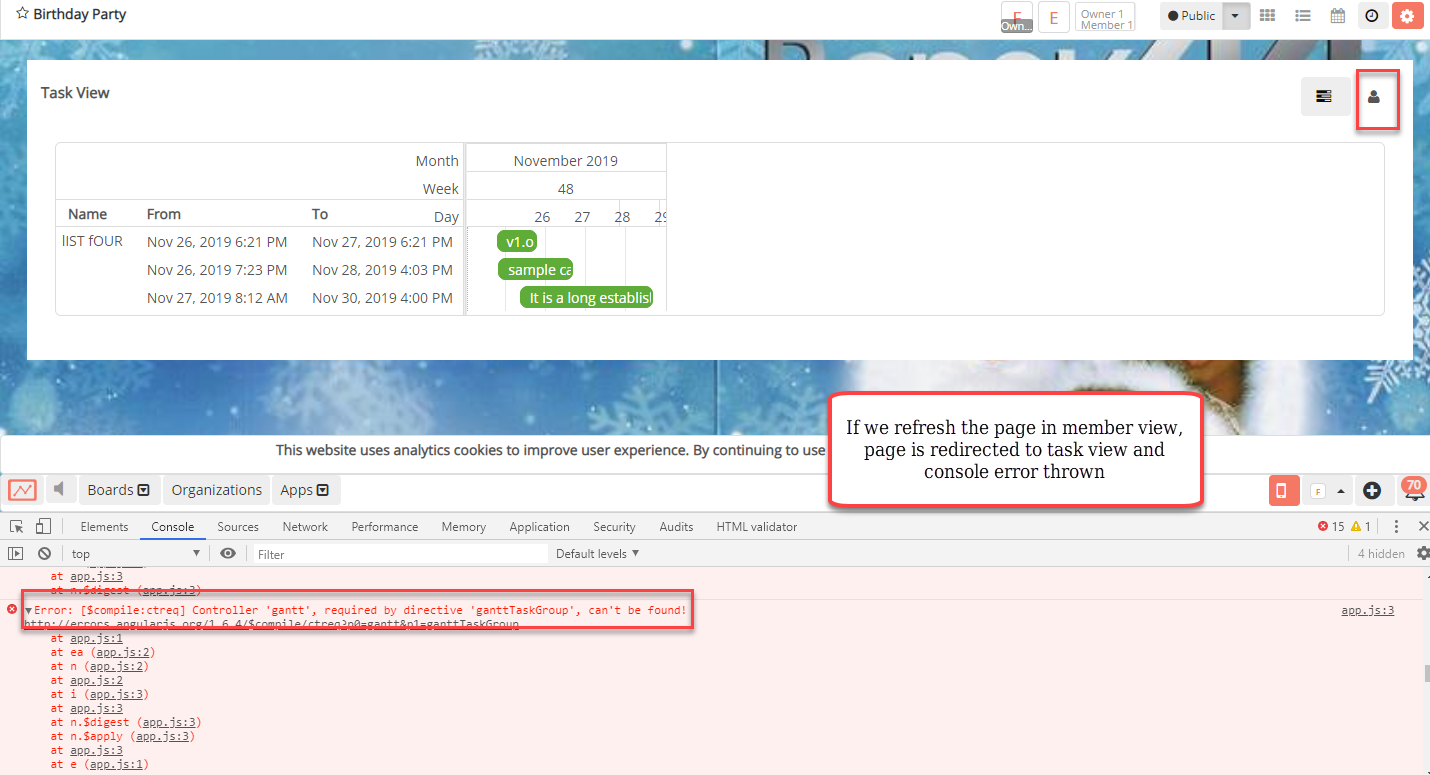 If we refresh the page in member view, page is redirected to task view and console error thrown ...