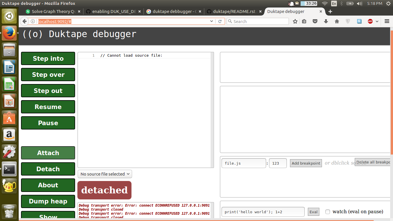 Debugger problems, enabling DUK_USE_DEBUGGER_SUPPORT and DUK_USE_INTERRUPT_COUNTER does not help ...