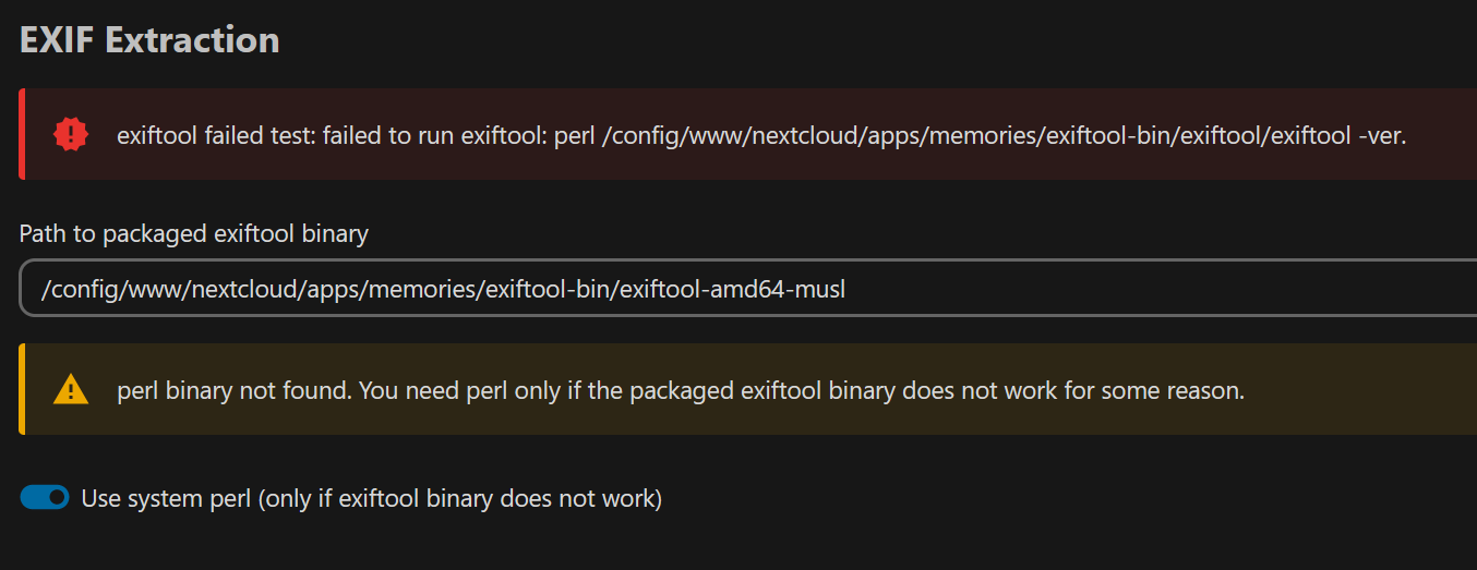 exiftool binary is not executable. · Issue #633 · pulsejet/memories · GitHub