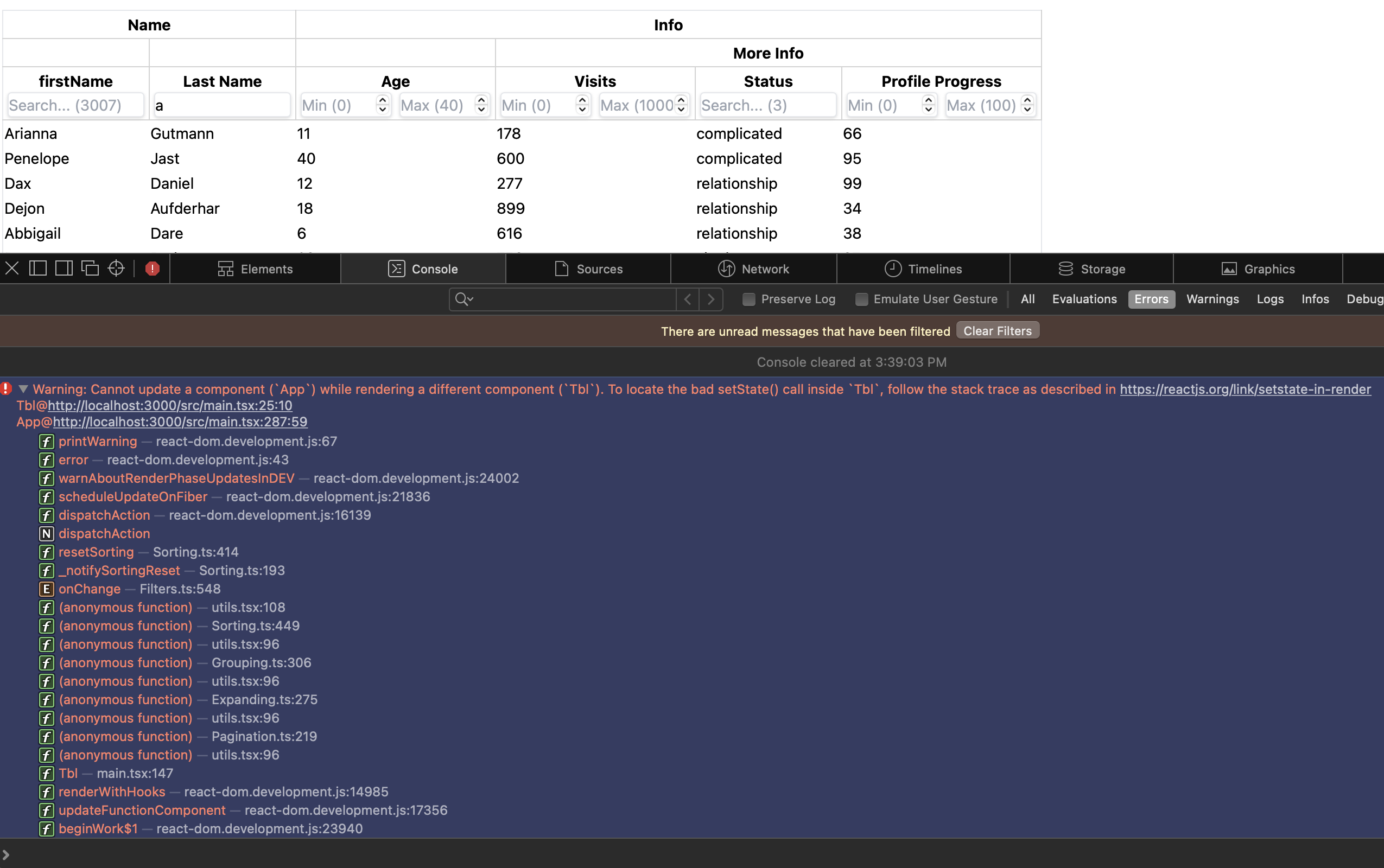 [v8.0.0-alpha.31] Sorting and subsequent filtering results in "Warning ...