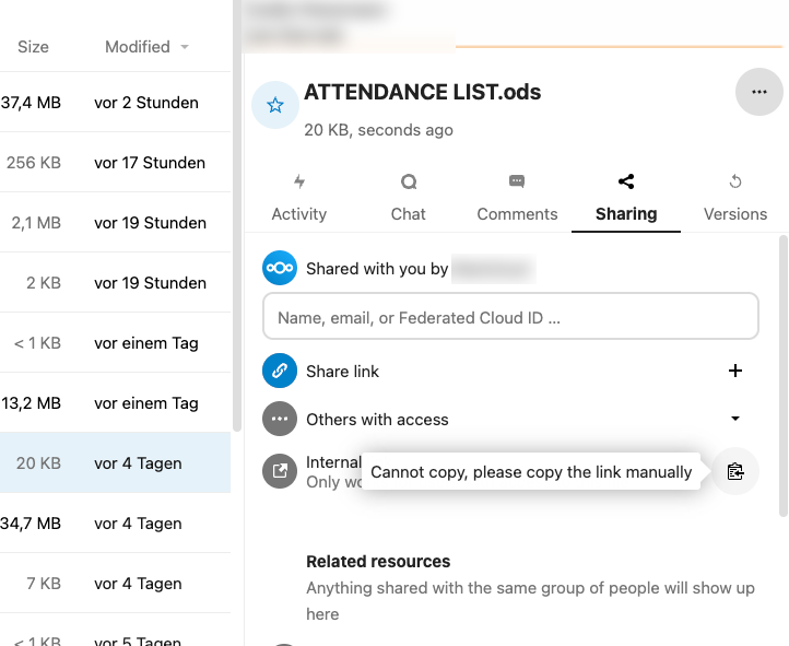 [Bug]: copying internal links does not work (error: "cannot copy, please copy the link manually ...