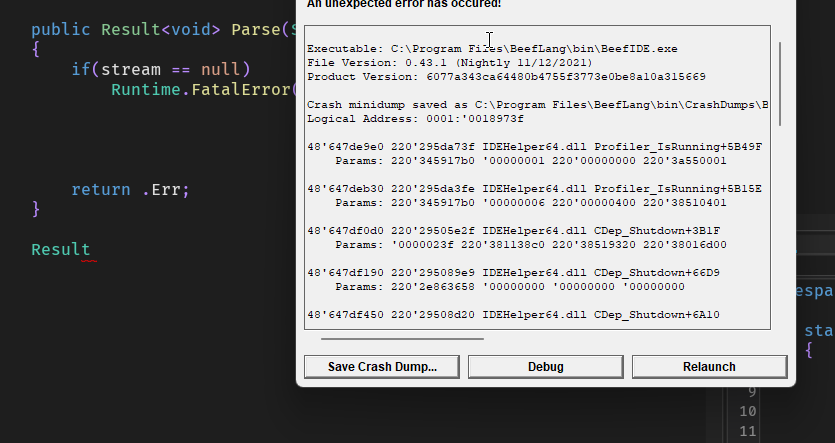 Crash when writing Result keyword · Issue #1232 · beefytech/Beef · GitHub