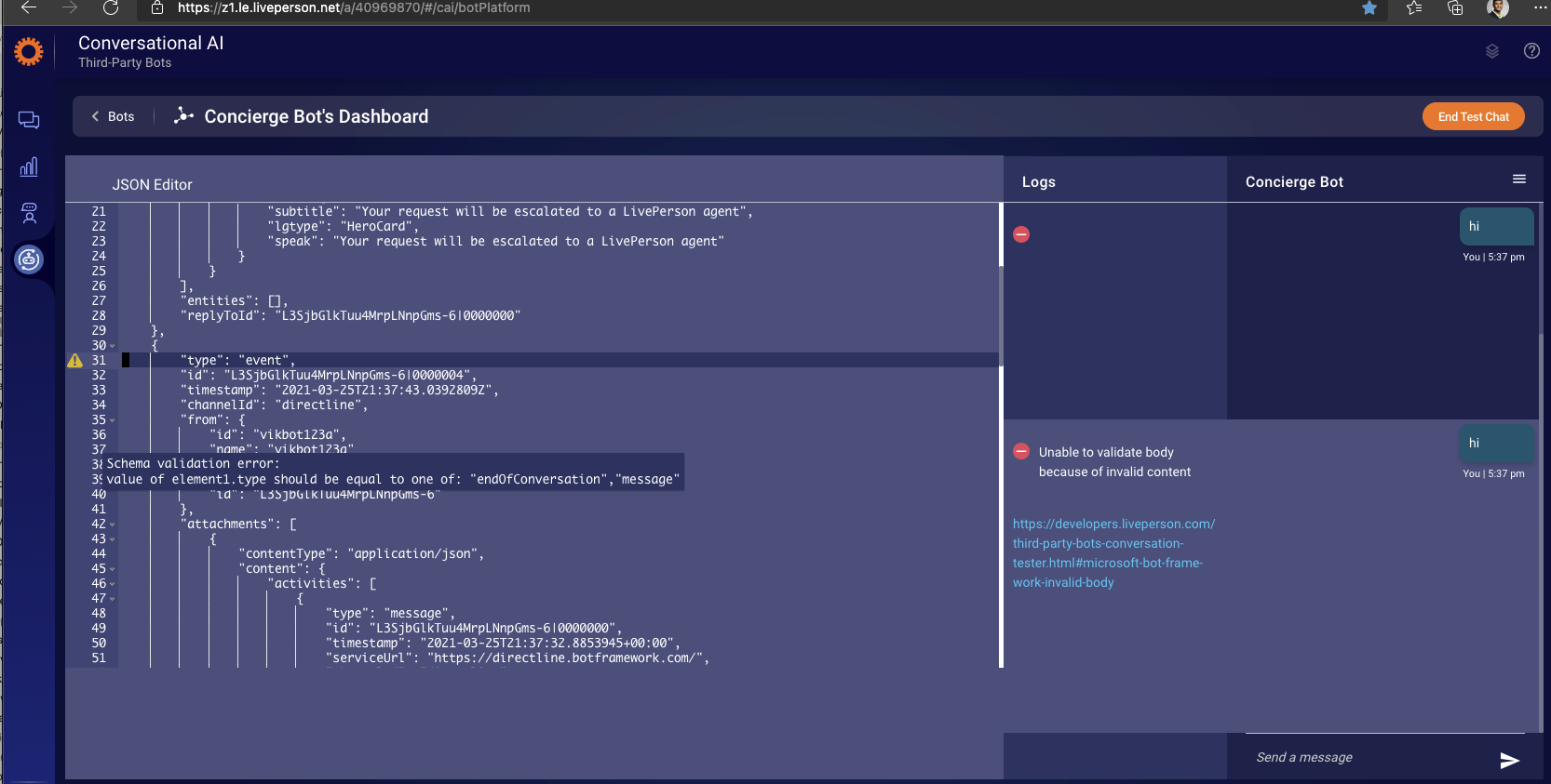 Getting A Schema Validation Error For Liveperson Thirdpartybots 