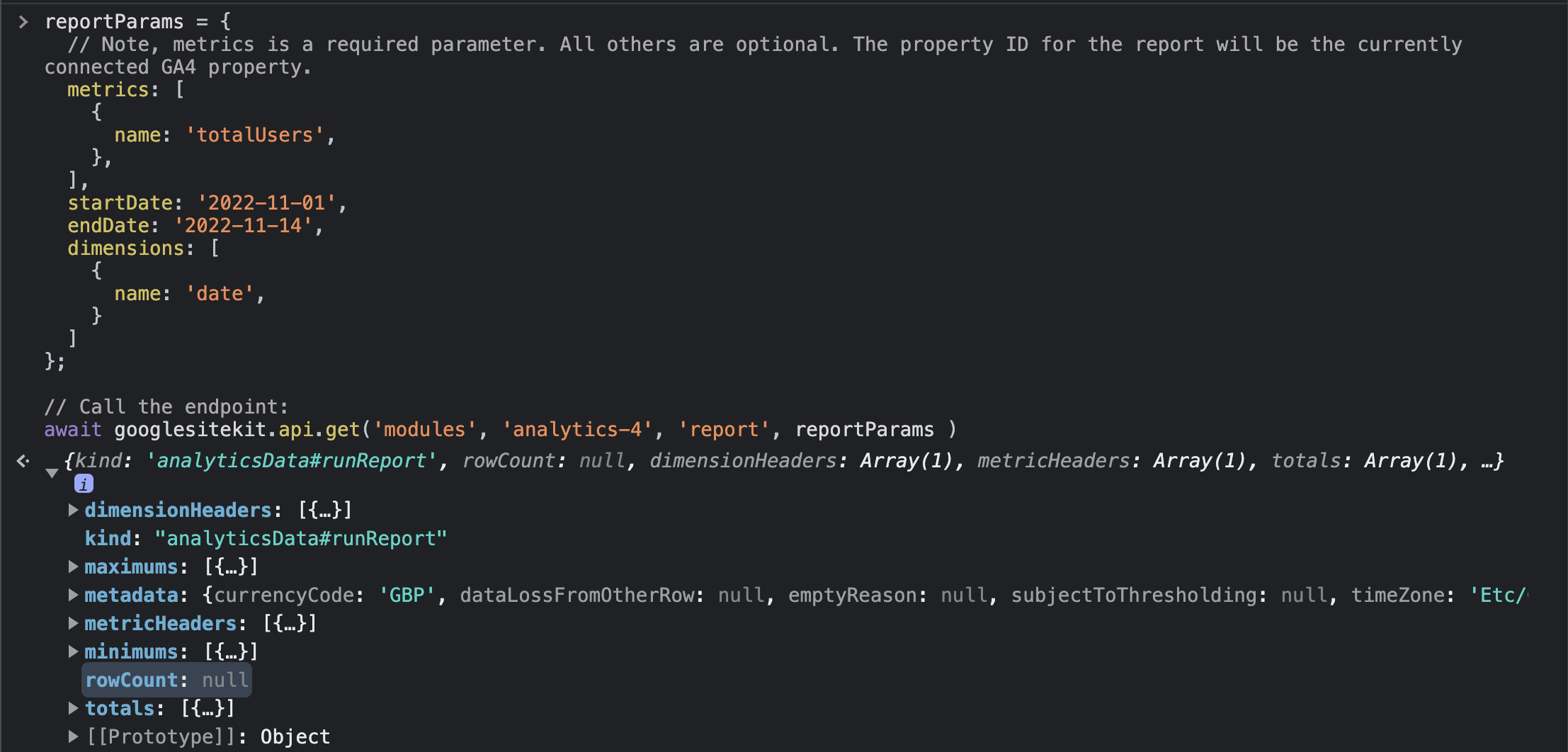 GA4 GET:report endpoint failing to return rows · Issue #6528 · google/site-kit-wp · GitHub