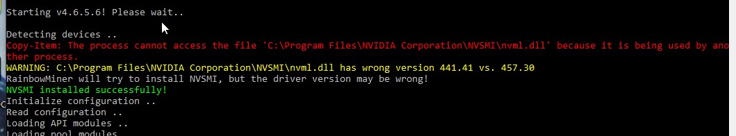 WARNING: C:\Program Files\NVIDIA Corporation\NVSMI\nvml.dll has wrong version 441.41 vs. 457.30 ...