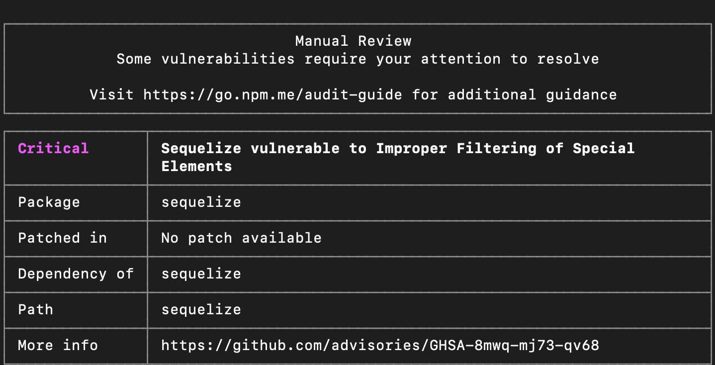 NPM Audit for SequeizeImproper Filtering of Special Elements · Issue #15706 · sequelize ...