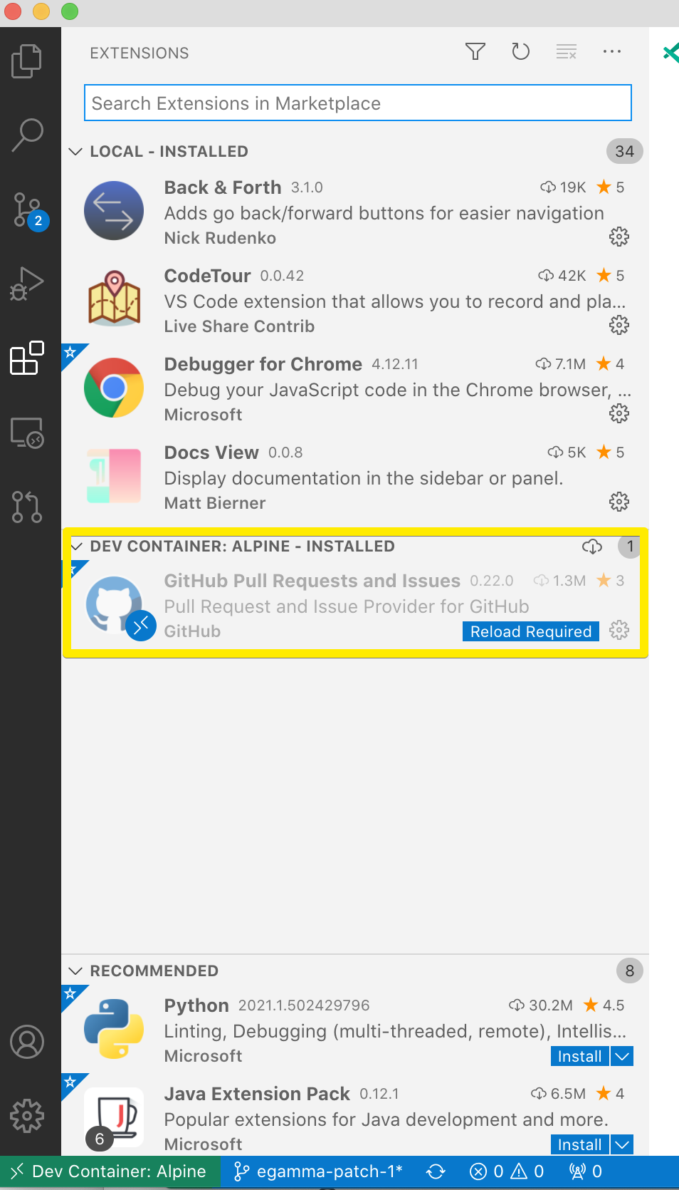 When reviewing a PR in a container then the GHPR extension is not ...