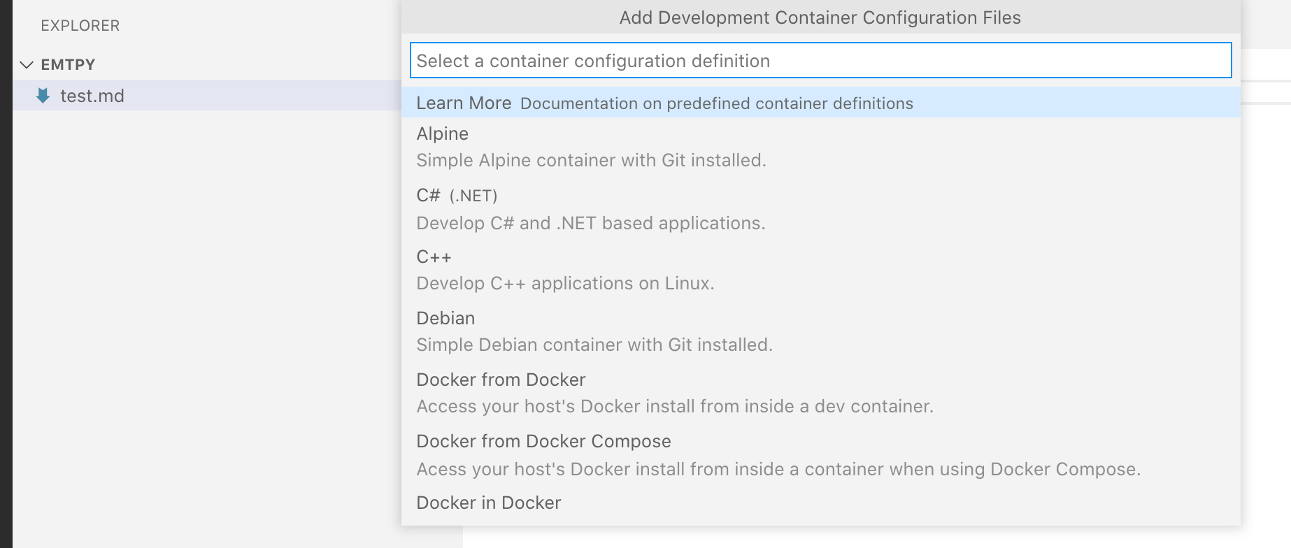 An empty workspaces shows all dev containers and not only the 'core ...