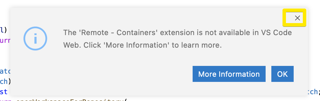 Closing the 'cannot install extension in this context dialog' navigates ...