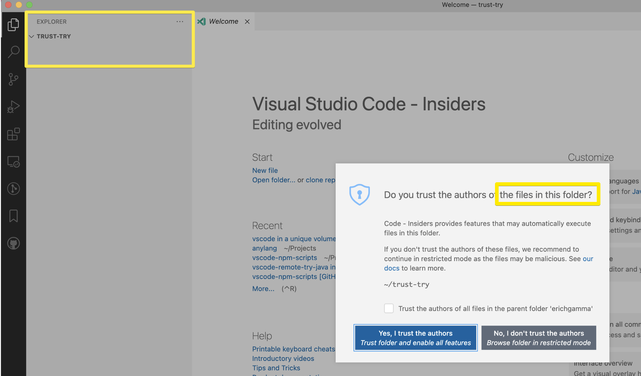 Tune the wording of the trust dialog when a folder is empty · Issue #128457 · microsoft/vscode ...