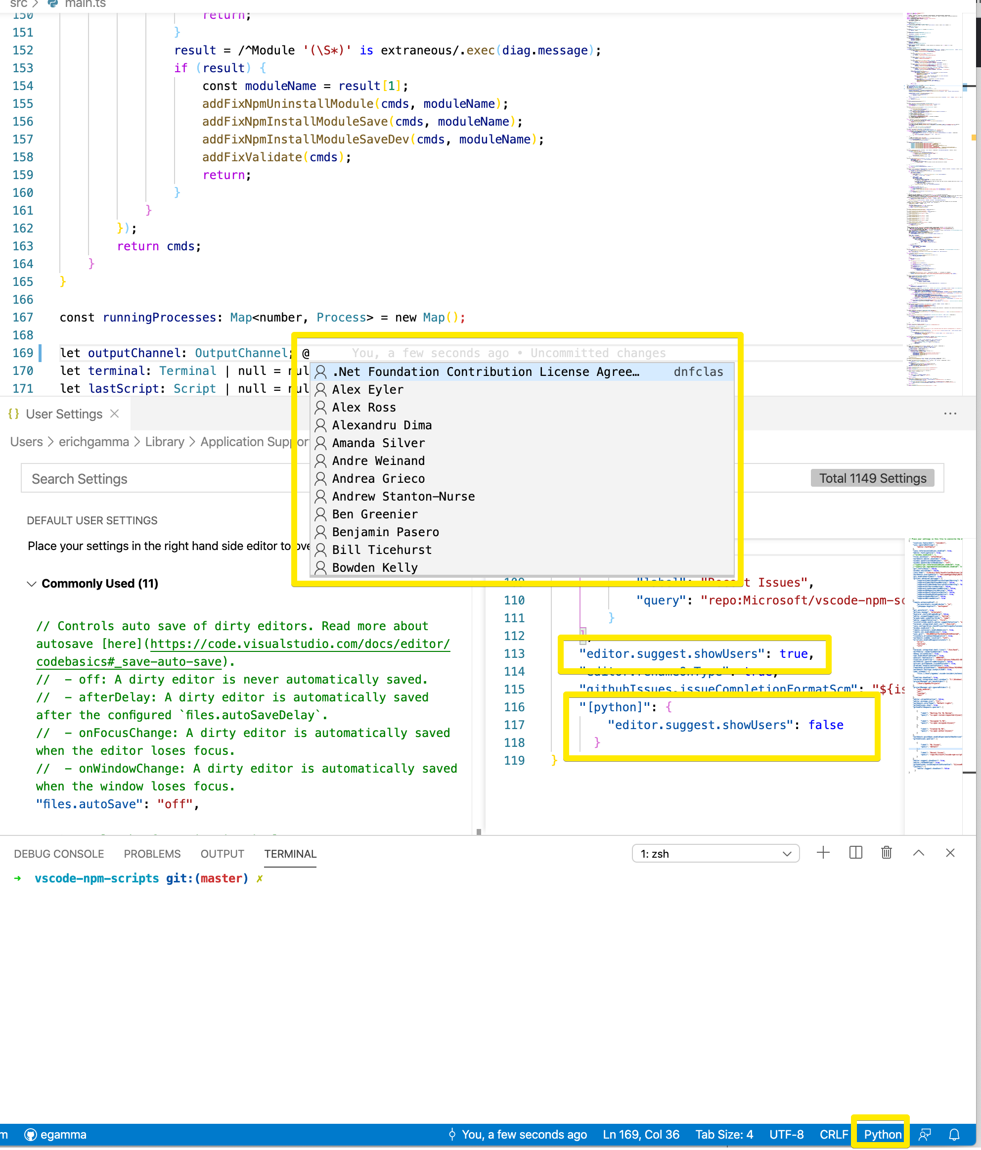 'editor.suggest.showUsers' cannot be used as a language specific ...