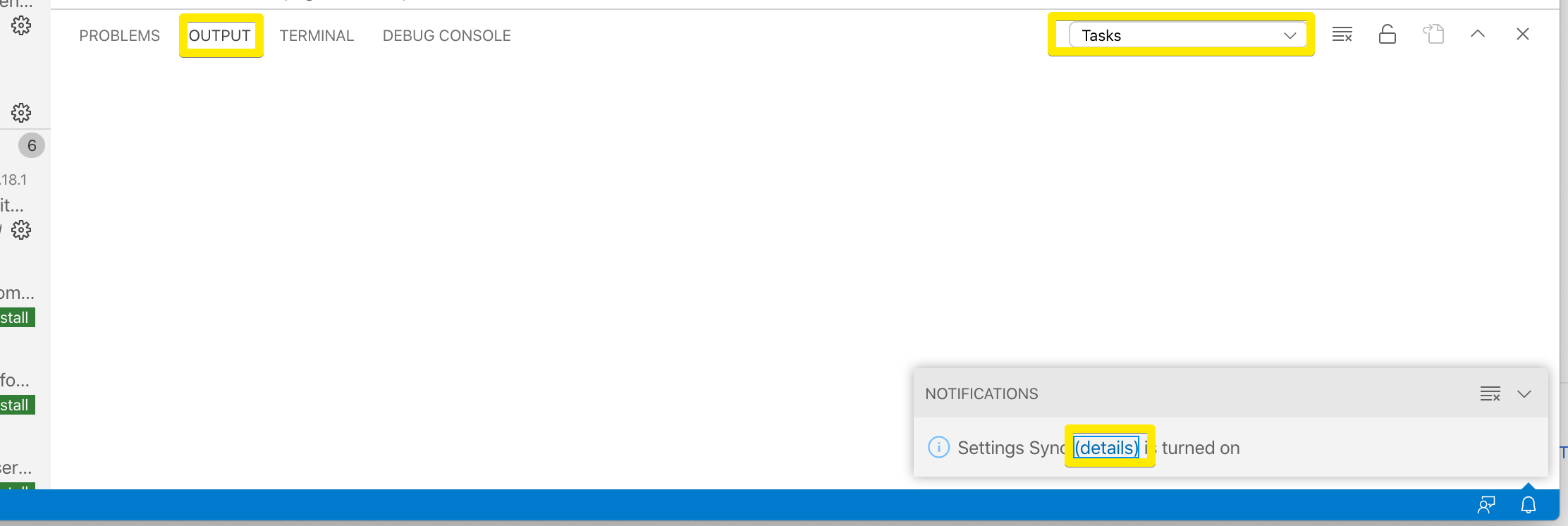 The 'details' link in the settings sync turned on notification opens ...