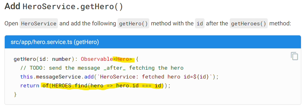 TypeScript not happy with some example code in tutorial (Tour of Heros) part 5 (navigation ...