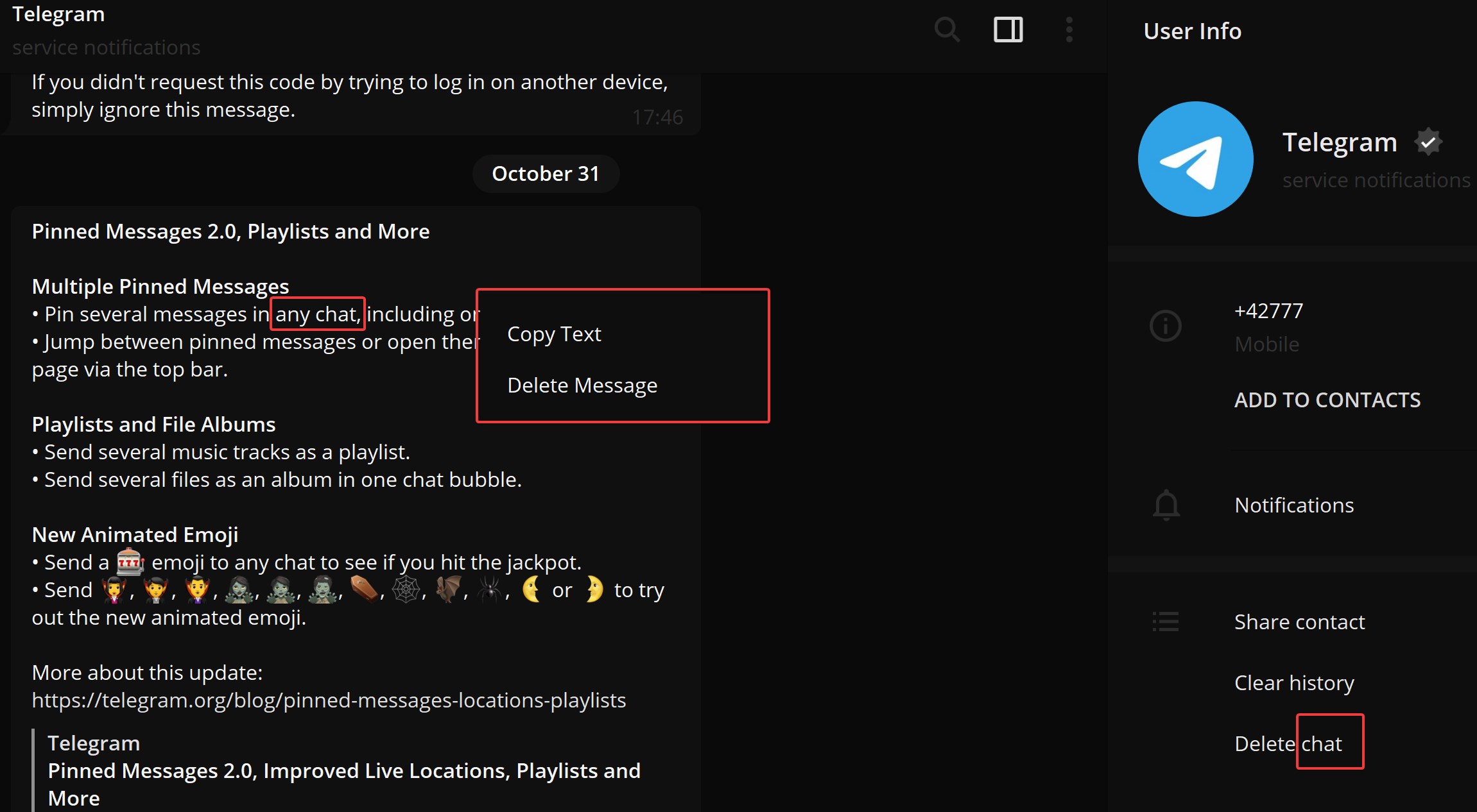 Cannot pin message in "service notifications" chat · Issue #8945 · telegramdesktop/tdesktop · GitHub