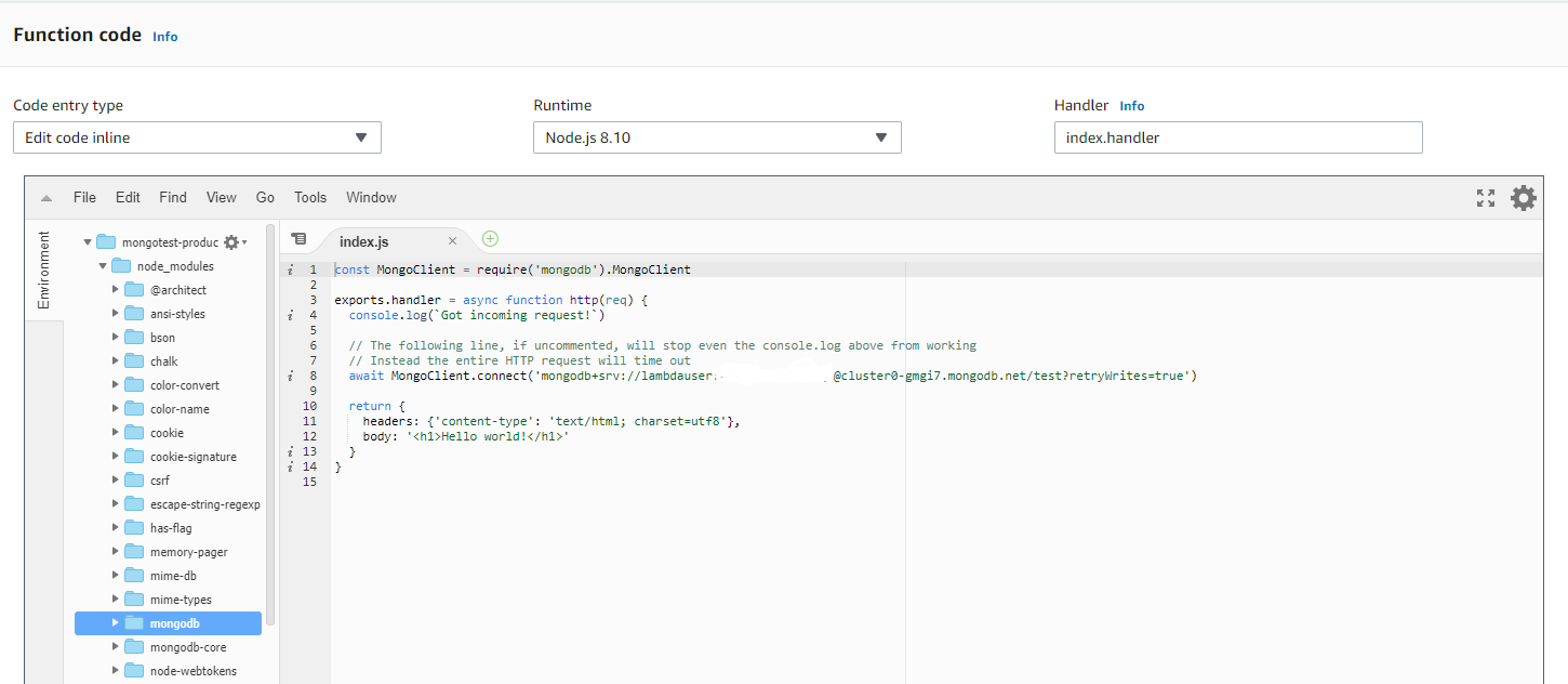 Connecting to DocumentDB or Mongo in sandbox lambda fails, no timeout · Issue #354 · architect ...