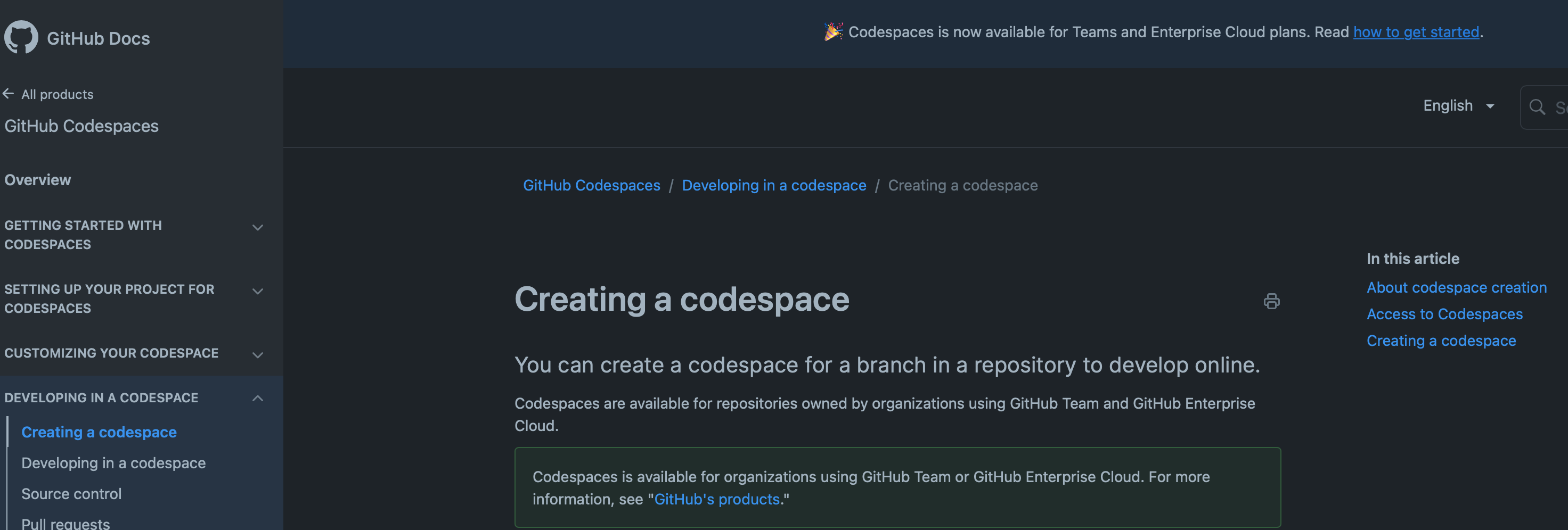 "Codespaces is rolling out progressively but isn’t available in this organization yet ...