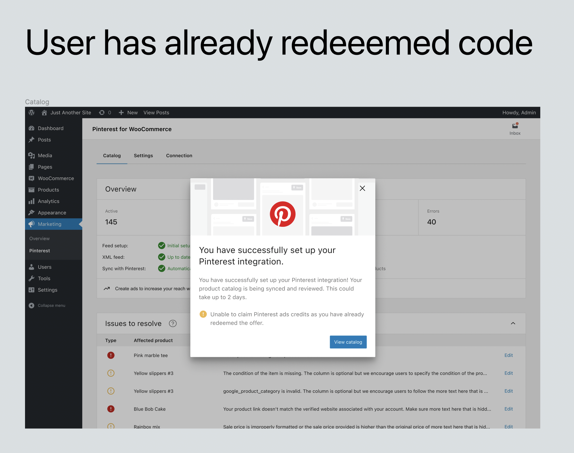 Show redeem errors modals. · Issue #568 · woocommerce/pinterest-for-woocommerce · GitHub