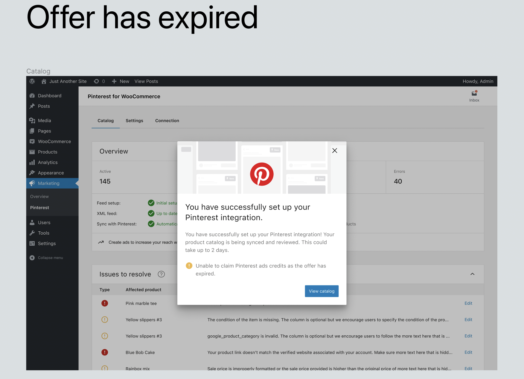 Show redeem errors modals. · Issue #568 · woocommerce/pinterest-for-woocommerce · GitHub