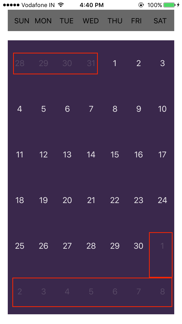 Prev and Next month date Hidden in Current Month in JTAppleCalendar ...