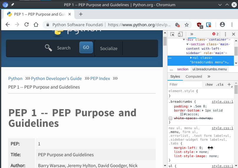 non-adaptive breadcrumbs / too much horizontal space · Issue #1354 · python/pythondotorg · GitHub