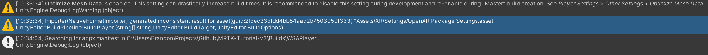 MRTK Tools Build Window stuck in Importing Assets loop after accessing Visual Studio project ...
