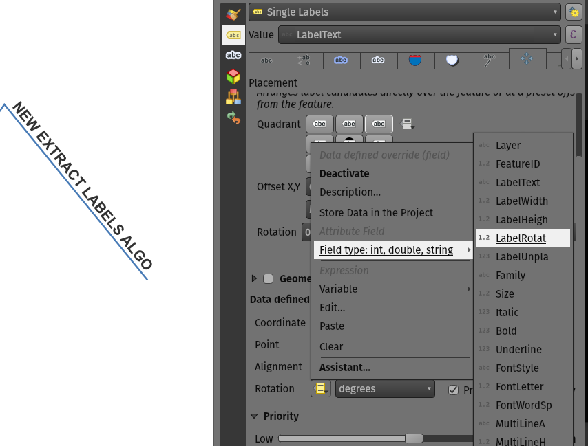 New extract labels algorithm doesn't honor line layer labels rotation ...