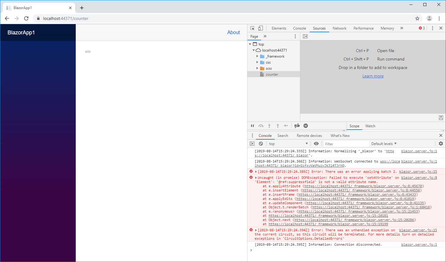[Preview 8] Blazor: @ref:suppressField leads to a JavaScript DOMException · Issue #13128 ...