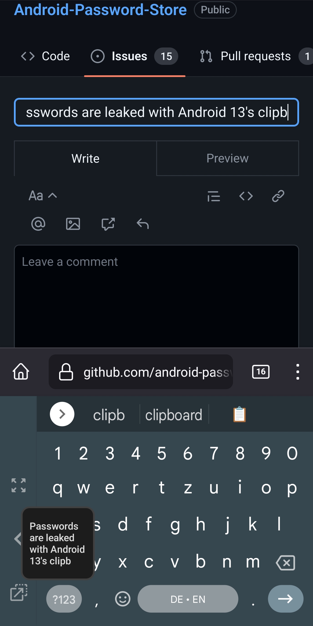 [bug] Passwords Are Leaked With Android 13 S Clipboard Editor Overlay · Issue 2288 · Android
