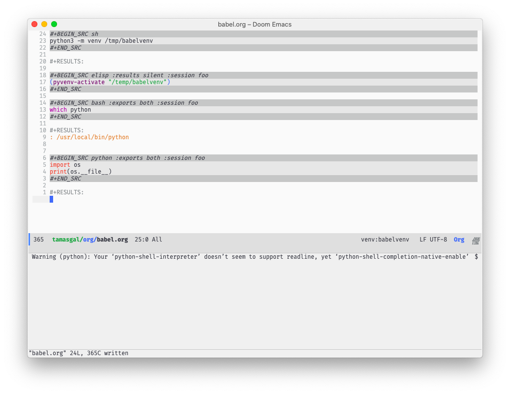 How to get org (babel) work with Python virtualenvs? · Issue #2416 · doomemacs/doomemacs · GitHub